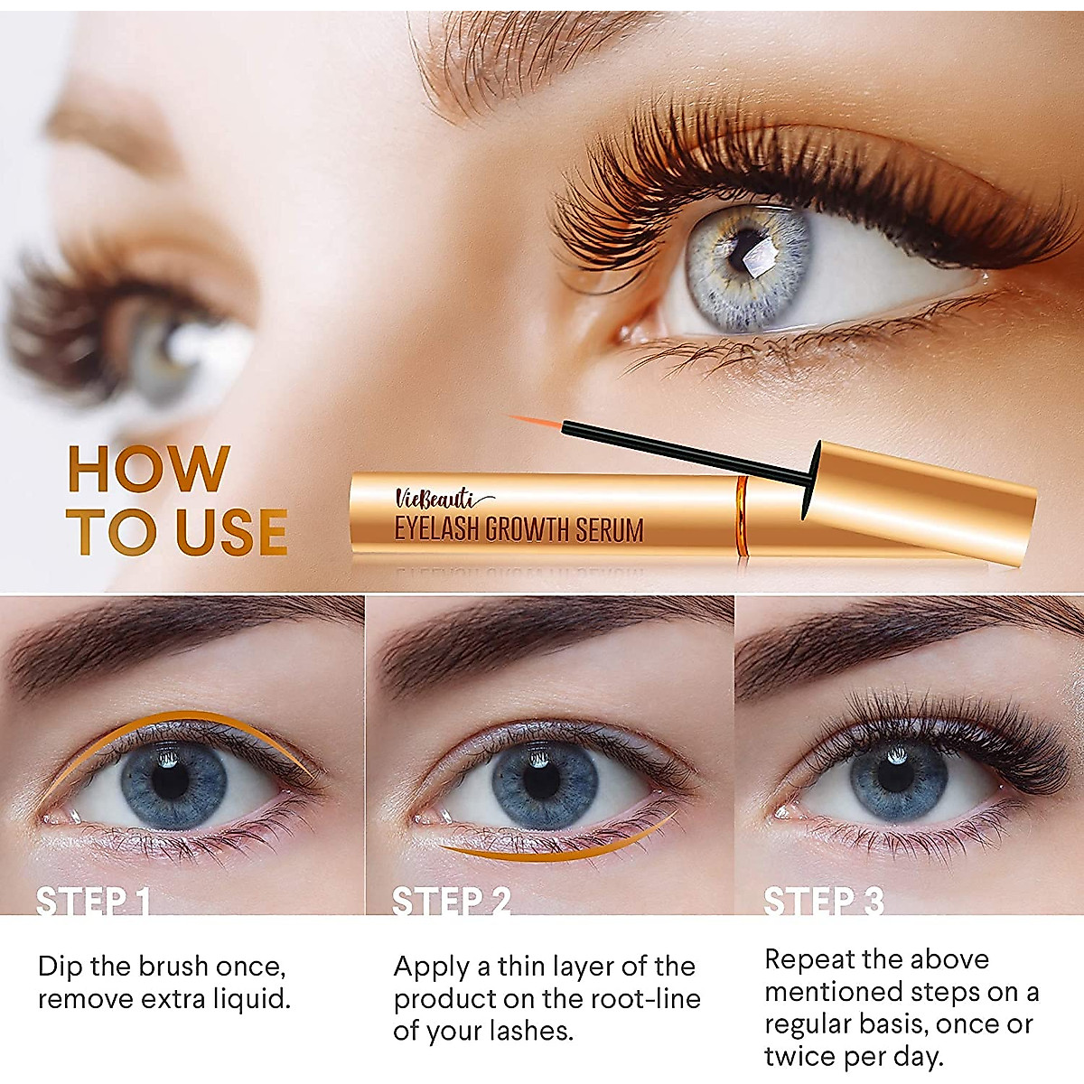 VieBeauti Premium Eyelash Serum and Eyebrow Enhancement Formula, Boosts Lash for Thicker, Fuller Looking Lashes and Eyebrows (3ML) | Gold Packaging, 0.1 Fl. Oz.