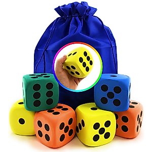 Deluxe Giant 3.15" EVA Foam Dice (Pack of 6) with Bonus Matty's Toy Stop Storage Bag