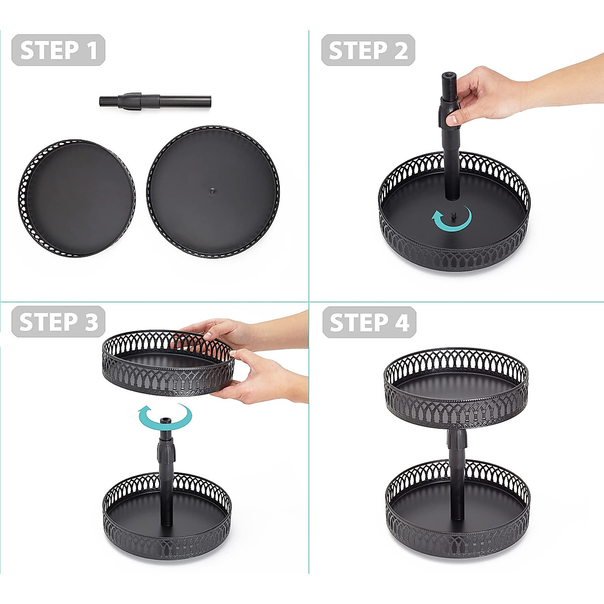 Y&M 2 Tier Lazy Susan Turntable, Height Adjustable Spice Organizer, 9.5” & 10” Round Metal Rotating Spice Rack, Spice Jars Storage Holder for Snack Pantry Cabinet Bathroom Countertop Kitchen - Black