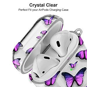 Maxjoy for AirPods Case Cover, Clear AirPod Case for Women Girly Cute Soft Protective Transparent iPod Case with Keychain Clip for AirPods 2nd 1st Generation Charging Case 2&1, Purple Butterfly