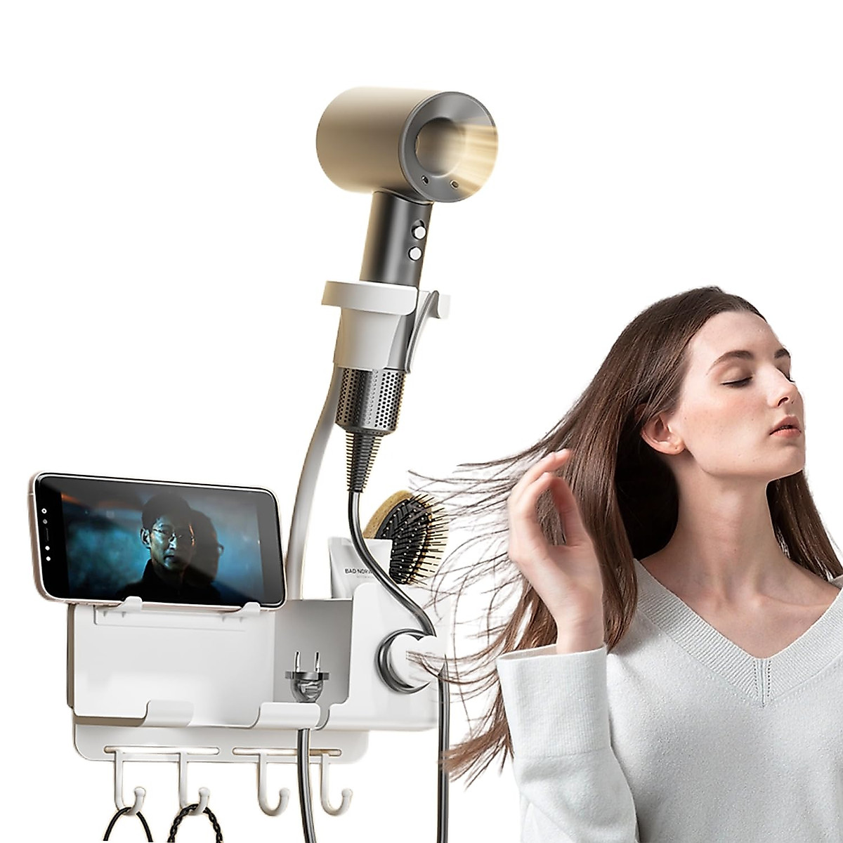 PIANYEATS Adhesive Hands Free Wall Mounted No Drilling Blow Hair Dryer Holder Stand Rack Frame Hanger Shelf Hook toll Organizer Storage for Bathroom