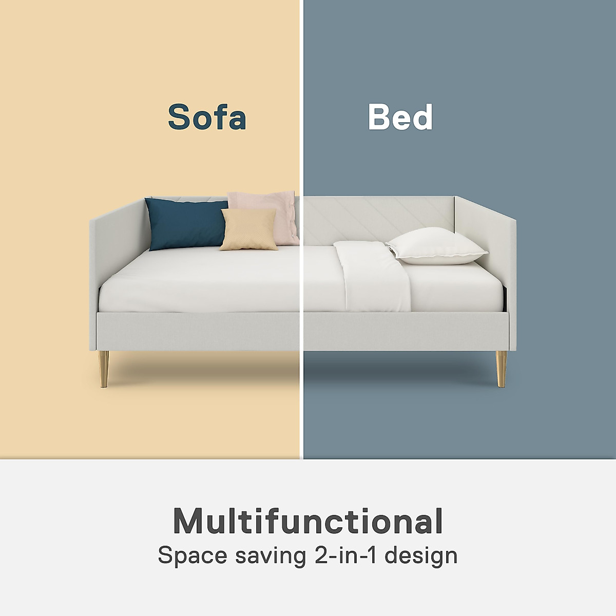 DHP Alicent Full Upholstered Daybed with Gold Metal Legs, Gray Linen