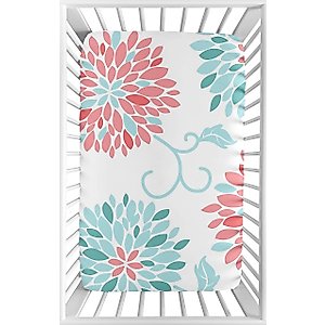 Sweet Jojo Designs Turquoise Blue and Coral Floral Baby Girl Fitted Mini Portable Crib Sheet for Emma Collection - for Mini Crib or Pack and Play ONLY