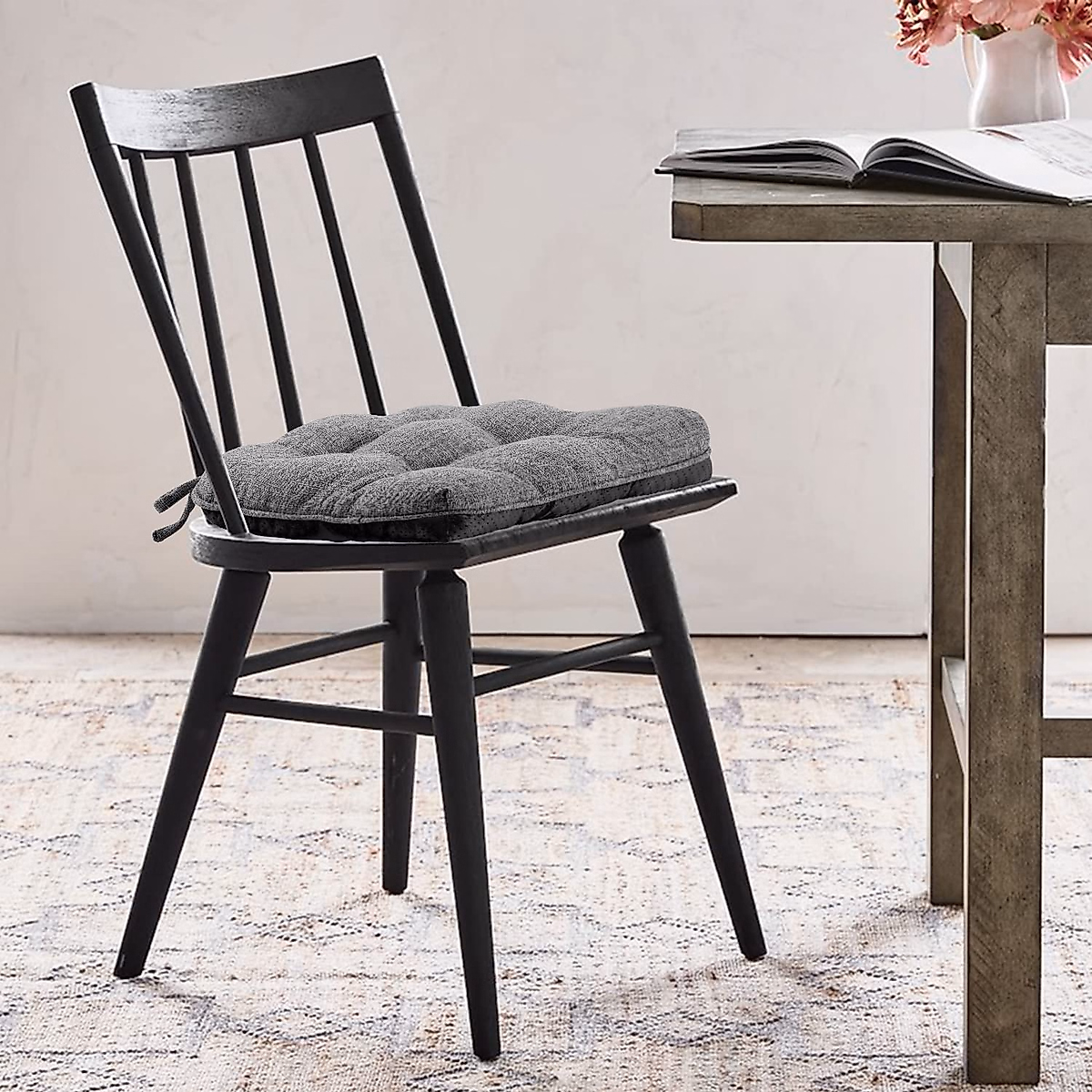 downluxe Indoor Chair Cushions for Dining Chairs, Tufted Overstuffed Textured Memory Foam Kitchen Chair Pads with Ties and Non-Slip Backing, 15.5" x 15.5" x 4", Dark Grey, 4 Pack