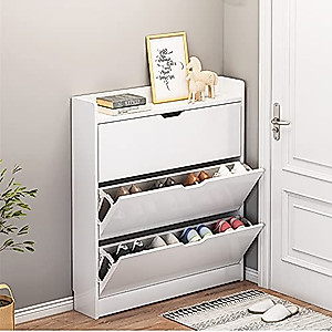 MYSNKU Shoe Cabinet Entryway White Narrow Shoe Storage Cabinet Flip Down Shoe Rack Wood 3 Tier Shoe Organizer Home and Apartment (White, 19.68x45.66)