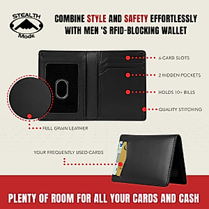 Stealth Mode Men's Slim Front Pocket Wallet - RFID Blocking, Thin Minimalist Bifold Design, Genuine Leather - ID Badge Window and 5 Sleeves for Money, Credit and Debit Cards, Driver's License - Black