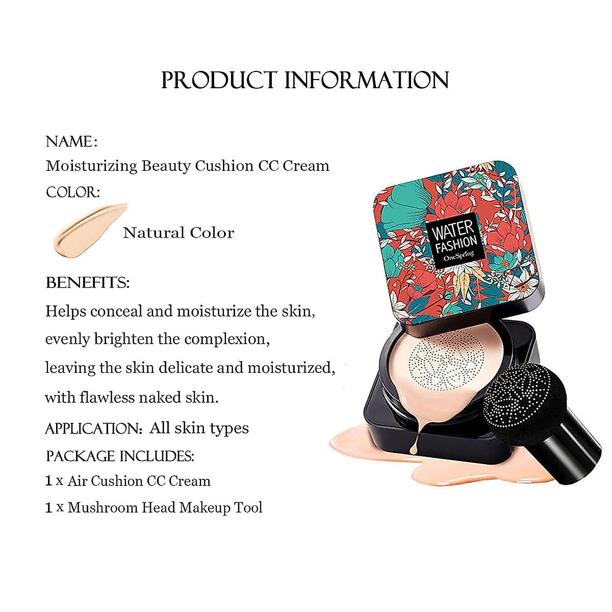 firstfly Mushroom Air Cushion CC Cream, Moisturizing Concealer Makeup Base Primer BB Liquid Foundation