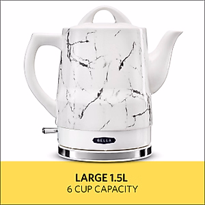 BELLA 1.5 Liter Electric Ceramic Tea Kettle with Boil Dry Protection & Detachable Swivel Base, White Marble, Model 14743