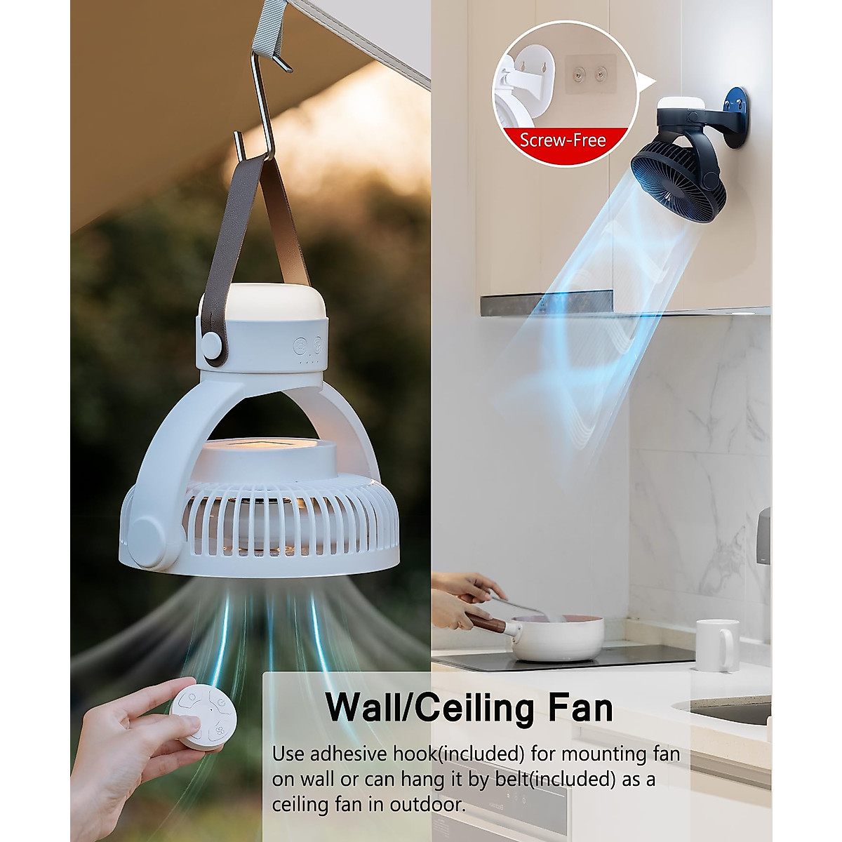 HonHey Portable Wall Mount Fan, 4000 mAh Oscillating Battery Operated Fan with Remote and LED Light, 3 Speeds, 4-10 Working Hours Timer Function, 7 Inch Outdoor Ceiling Fan for Garage Bedroom Gym RV