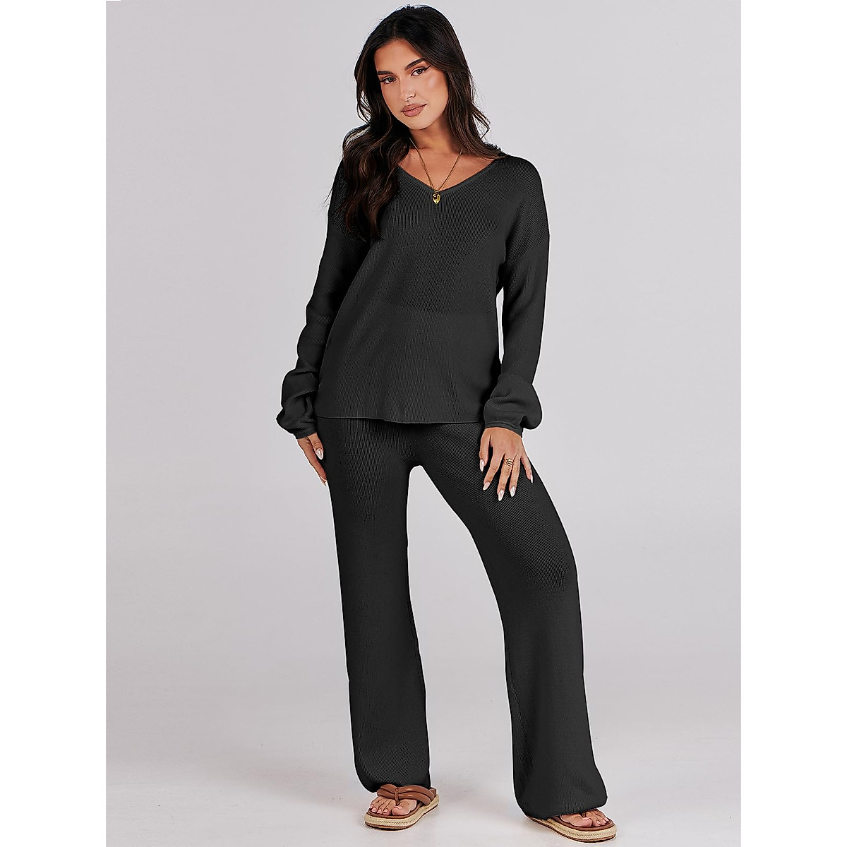ANRABESS Women's Two Piece Outfits Sweater Sets Long Sleeve V Neck Knit Pullover and Wide Leg Pants Sweatsuit Lounge Set Black Large