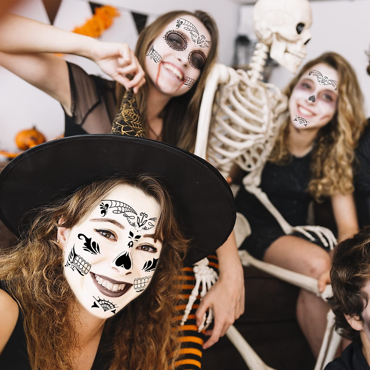 8 Pack Day of The Dead Sugar Skull Face Temporary Tattoo Halloween Makeup Tattoo Stickers for Halloween Masquerade Party