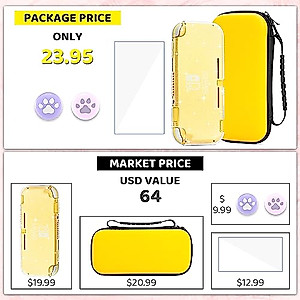 HYPERCASE Protective Case for Nintendo Switch Lite, Yellow Hard Shell Portable Travel Carrying Case Pouch for Nintendo Switch Console & Accessories, Storage Bag with 8 Game Card Slots for Girls Boys.