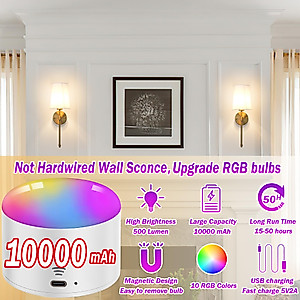 YHCDLAMP Battery Operated Wall Sconce Set of 2, Rechargeable Wall Sconce with 10000mAh Bulb and Remote Control, Up to 50 Hrs Use, RGB Dimmable Wireless Wall Lights for Living Room Bedroom Hallway