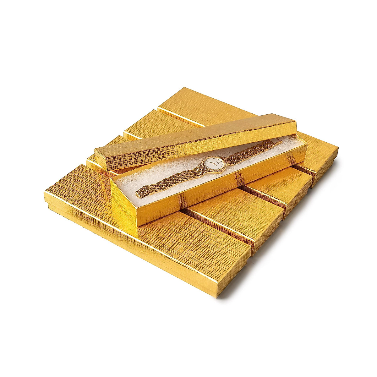 Prestige and Fancy Jewelry Gift Boxes, 20 Pack, 8 x 2 x 0.9 - Cotton Filled Cardboard Gift Box with Lids for Watches, Bracelets, Anklets, For Christmas, Party Favors, Jewelry Store (Gold)