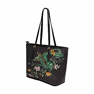 InterestPrint Flower Green Dragons Golden Roses Women's Genuine Leather Handbags Shoulder Tote Top Handles Crossbody Bag Satchel