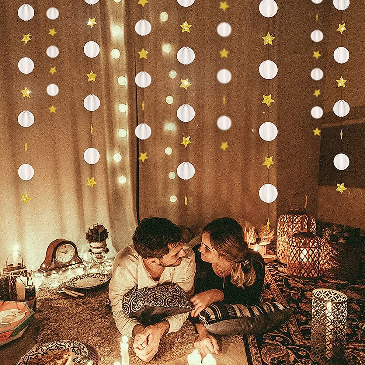 HappyField White Gold Baby Shower Decorations 2Pcs Glitter Gold Star White 3D Circle Garland Rustic Baby Shower Decorations Birthday Party Decorations Wedding Decorations Bridal Shower Decorations