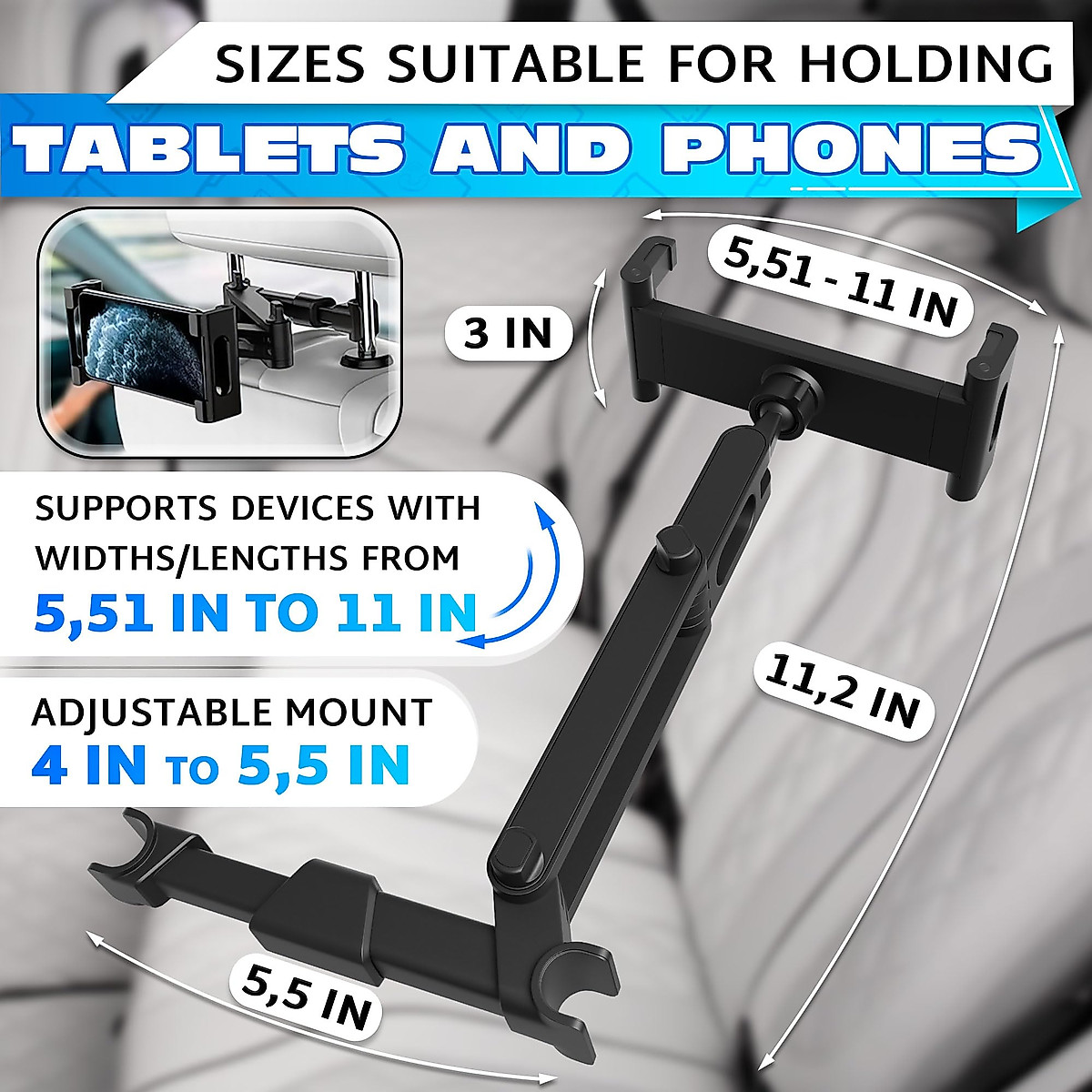 Adjustable Tablet Holder for Car Headrest 5.51-11" - Swivel Tablet Mount Car Headrest Tablet Holder Car Headrest Phone Holder Back Seat Phone Holder for Car Tablet Holder - Car Seat Phone Holder Mount