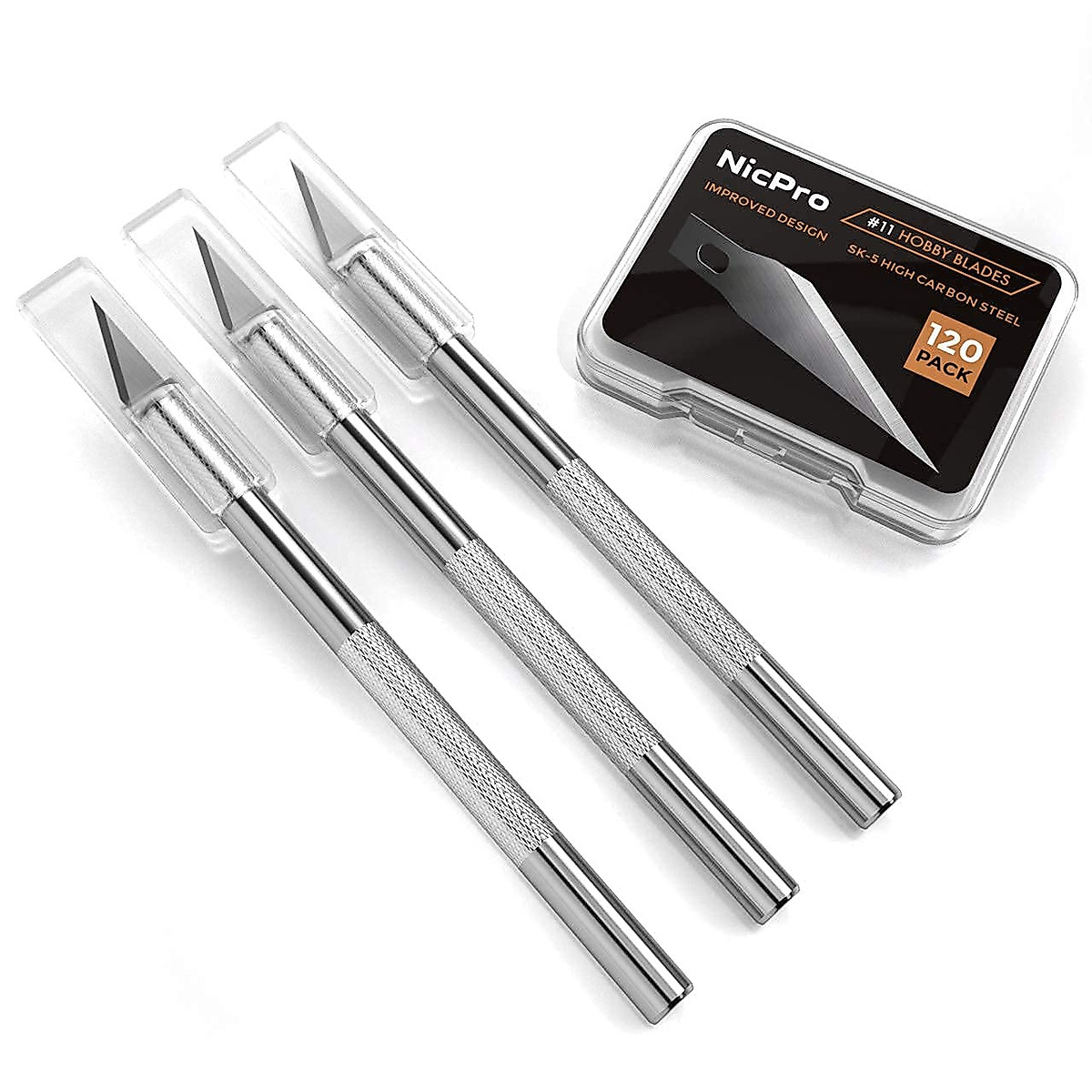 Nicpro 123 PCS Hobby Knife Set, 3 PCS Carving Craft Knife with 120 PCS SK-5 Utility #11 Art Blades Refill, Precision Cutter Craft Kit for Leather Art, Scrapbooking, Foam, Clay, Carving, Scalpel