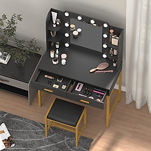 Makeup Vanity with Lighted Mirror, Black Vanity Mirror with Lights and Table Set, Vanity Set with 10 LED,Vanity Desk with 3 Lighting Modes and 2 Drawers&Cushioned Stool for Bedroom