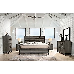 Roundhill Furniture Stout Panel Queen Size Bedroom Set with Bed, Dresser, Mirror, 2 Night Stands, Chest, Grey
