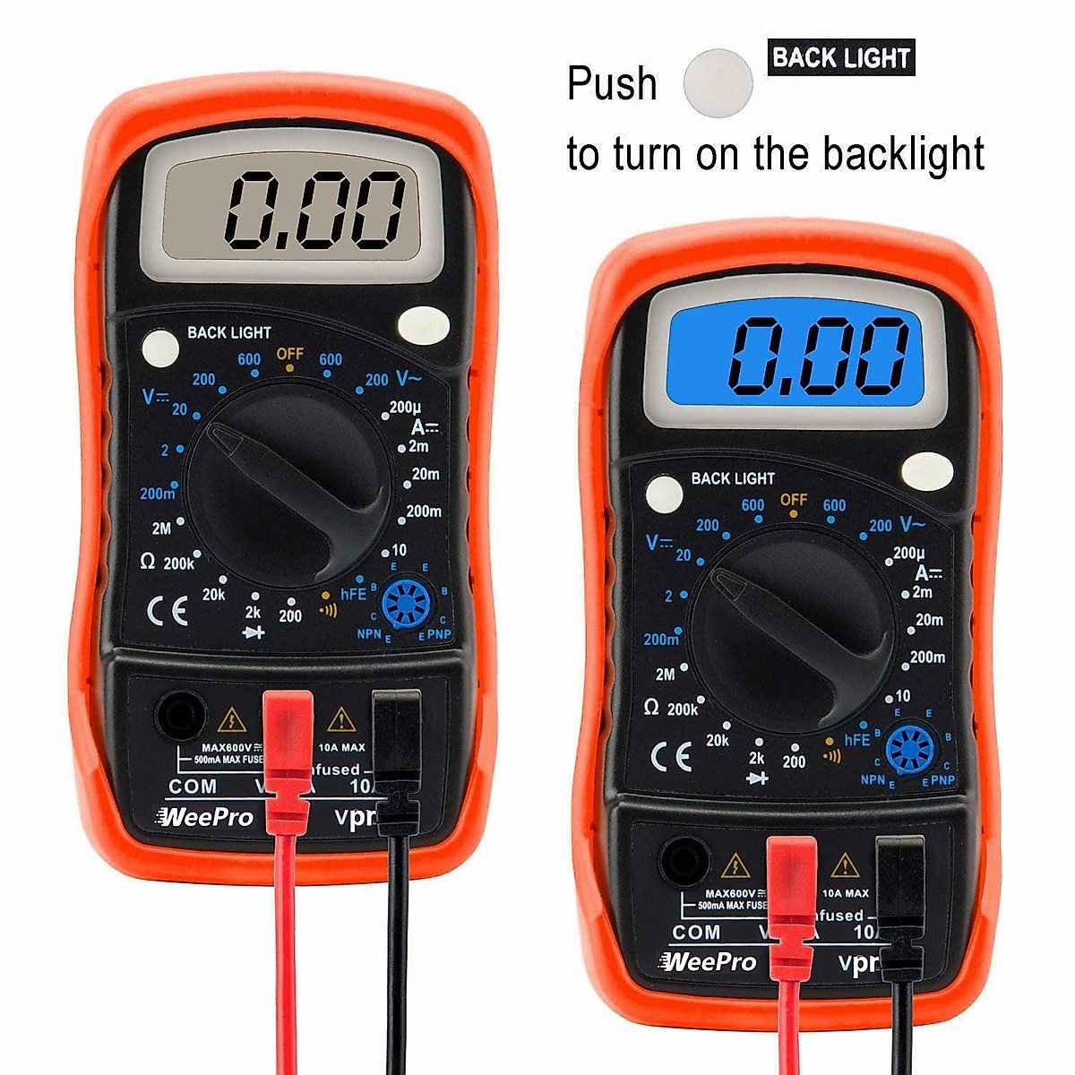 WeePro Vpro850L Digital Multimeter DC AC Voltmeter, Ohm Volt Amp Test Meter, Electric Tester Ohmmeter with Diode and Continuity Detector, Backlit Display and Insulated Rubber Case Kickstand