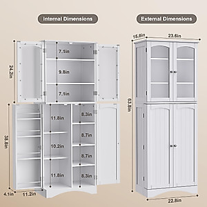 Gizoon 64" Kitchen Pantry Cabinet, Tall Storage Cabinet with Glass Doors and Adjustable Shelves, Freestanding Floor Cabinet Cupboard for Kitchen, Living Room, Dining Room (White)