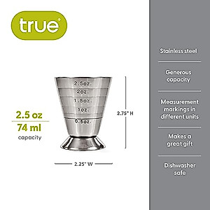 True Trio Multi-Unit Drink Measure, Shot Measuring Cup with Oz, Ml, and Tbsp Markings, Stainless Steel 2.5oz Set of 1
