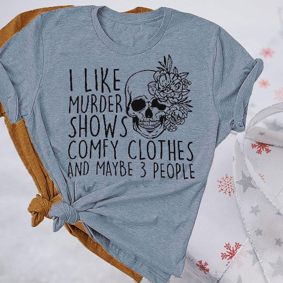 Women Horror Friends T Shirt Maybe 3 People Novelty Printed Short Sleeve I Like Murder Shows Graphic Classic Casual Party Comfy Clothes,Ink Blue XXL