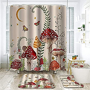 GUDAGUU 4 Piece Boho Mushroom Shower Curtain and Bath Mat Set,Butterfy Plant Moon Bohomian Bathroom Decor with Non Slip Rugs Mats Toilet Seat Cover Hooks Waterproof 71 Inch Long (Gray)