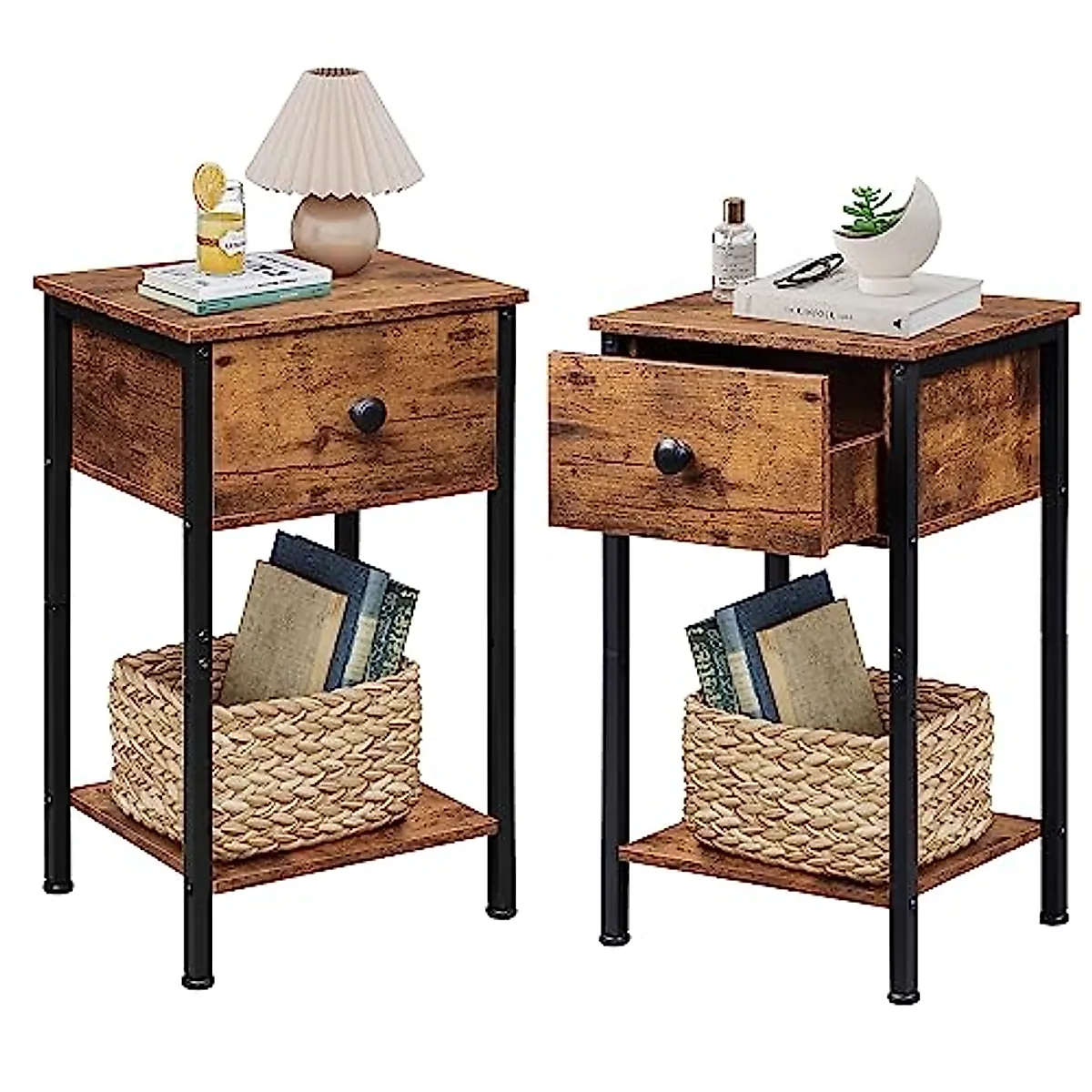 WLIVE Nightstands Set of 2, Bedside Tables with Adjustable Wooden Drawer, 2-Tier Night Stands for Couch, Bed, Sofa, End Table Side Table for Bedroom, Living Room, Rustic Brown
