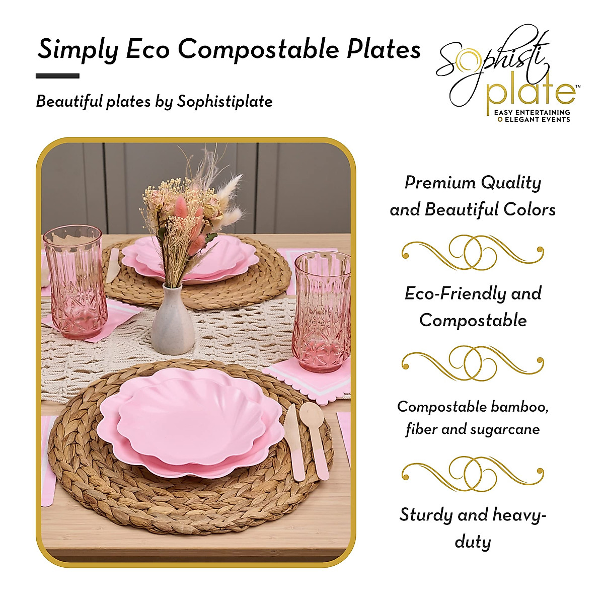 Sophistiplate Eco-Friendly Compostable Dinner Plates - Made of Bamboo Wood Fiber, and Sugarcane- Biodegradable and Disposable Party Plates- Sturdy & Heavy Duty - Pack of 16