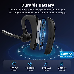 Langsdom Bluetooth Headsets Qualcomm V5.0 12 Hrs HD Talktime Wireless Earpiece CVC8.0 Noise Cancelling with Mute for Driving,Business,Office
