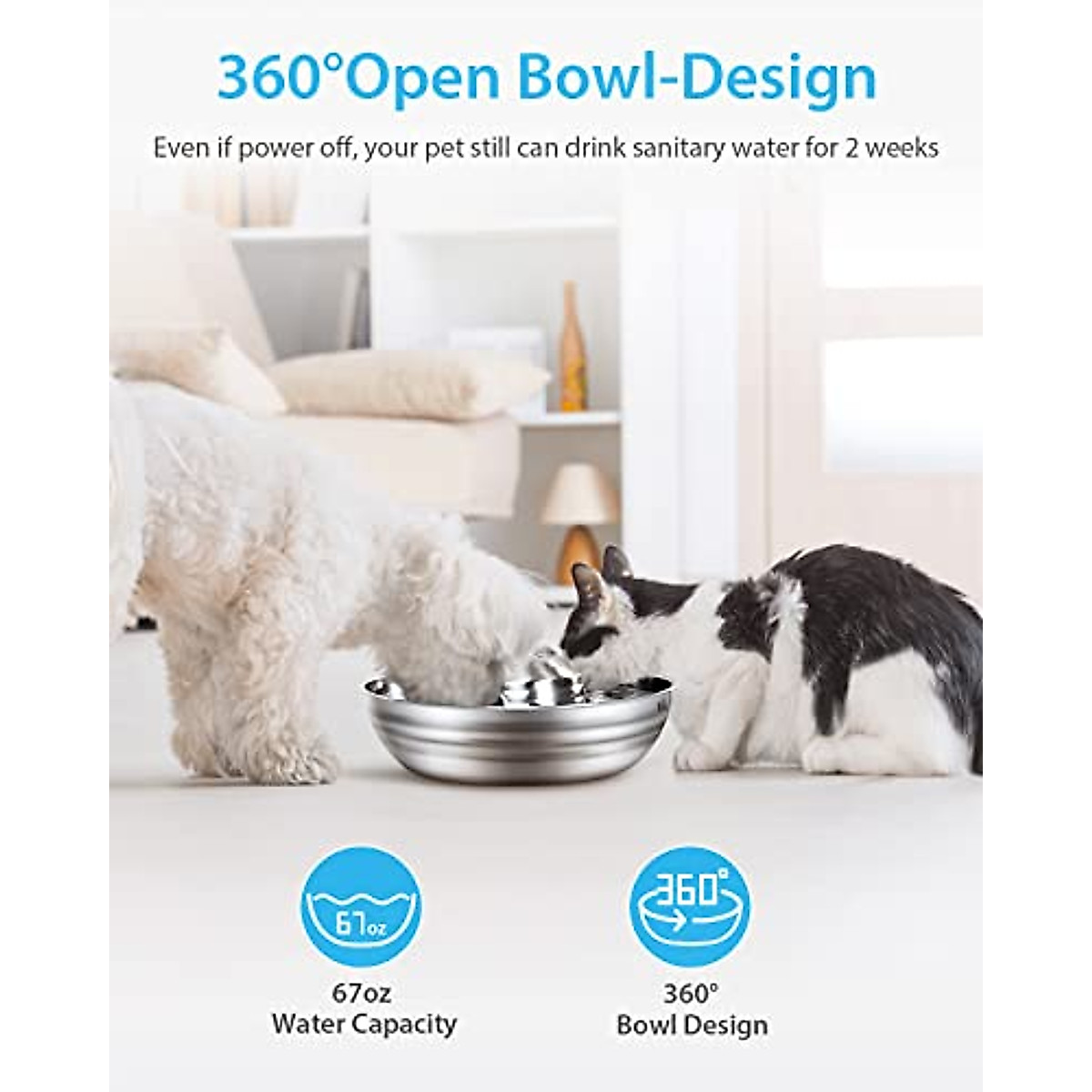 Huicocy Cat Water Fountain Stainless Steel, 67Oz/2L Pet Fountain with Ultra-Quiet Design, Visible Water Level, 360° Automatic Cat Water Dispenser Easy Assemble and Clean,Supply Water Even Power Off