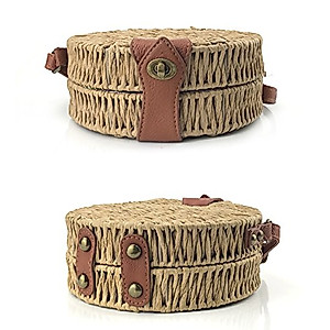 Round Straw Handwoven Shoulder Bag Women Cross body Bag for Summer Holiday (Brown)