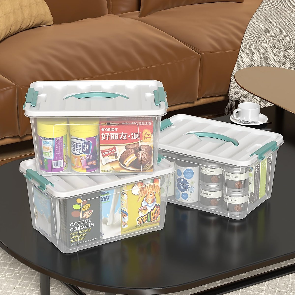 Uumitty 14 Quart Stackable Storage Bin with Latching Lid, Plastic Container Box to Organize Office, Crafts, Clear Base and White Lid, 8-Pack