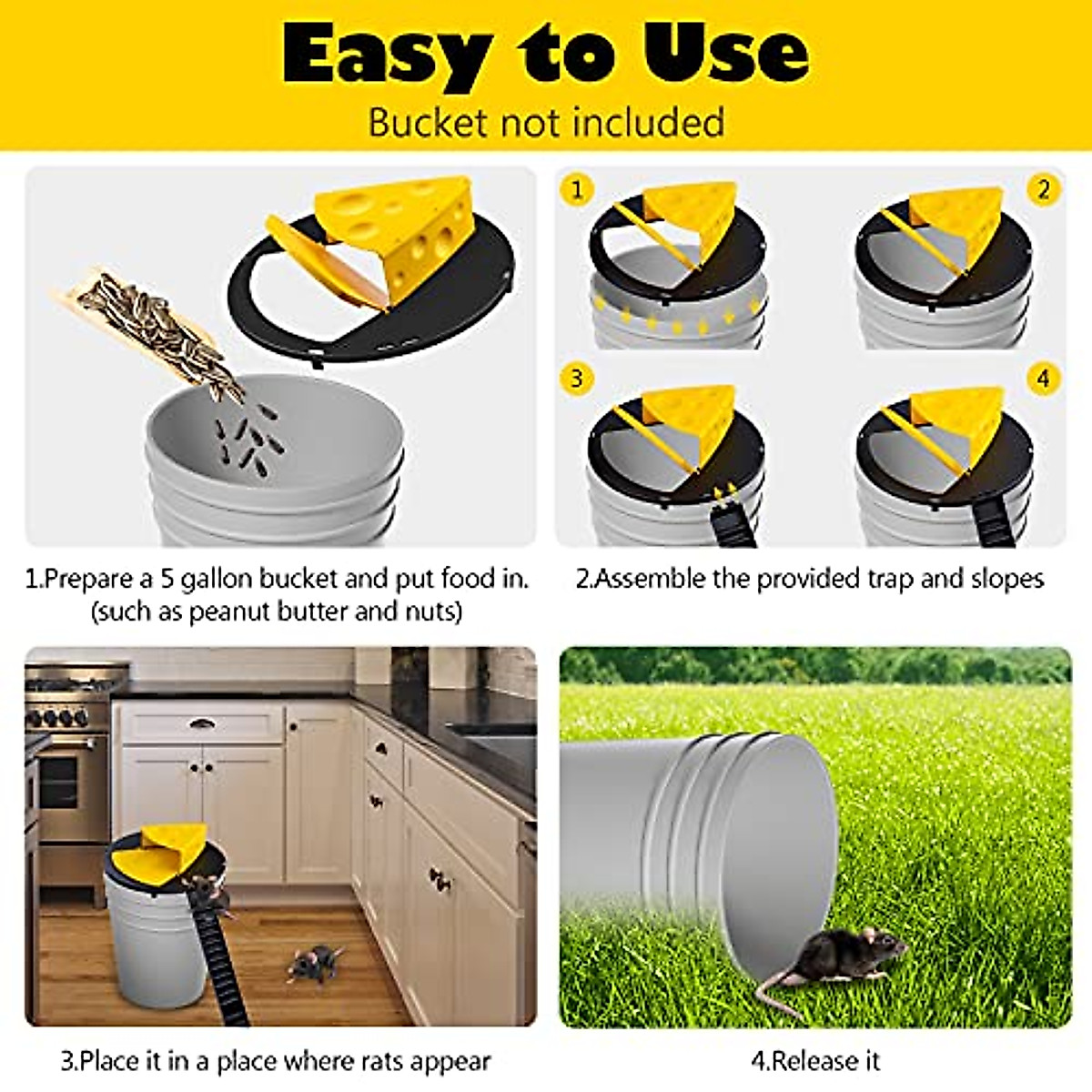 Mouse Trap Bucket, Bucket Lid Mouse Trap,Reusable Humane Mouse Traps for House Indoor,Auto Reset Rat Trap Compatible 5 Gallon Bucket (1 Pack)