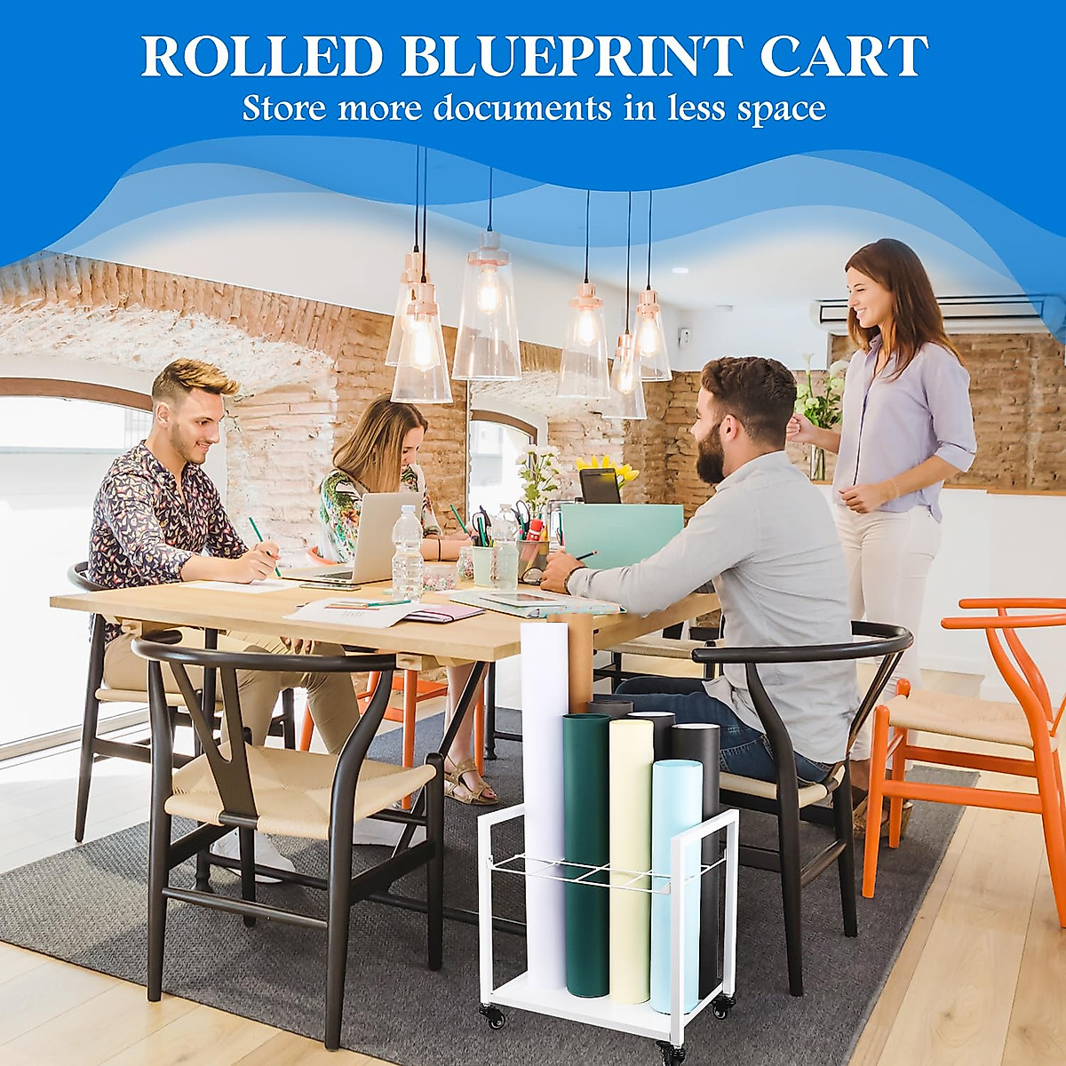 ONULISS Blueprint Holder Cart with Poster Tube, 12 Slots Rolling File Cart, Construction Paper Organizer on Wheels, Blueprint Storage Rack for Wrapping Paper, Office Organization and Storage