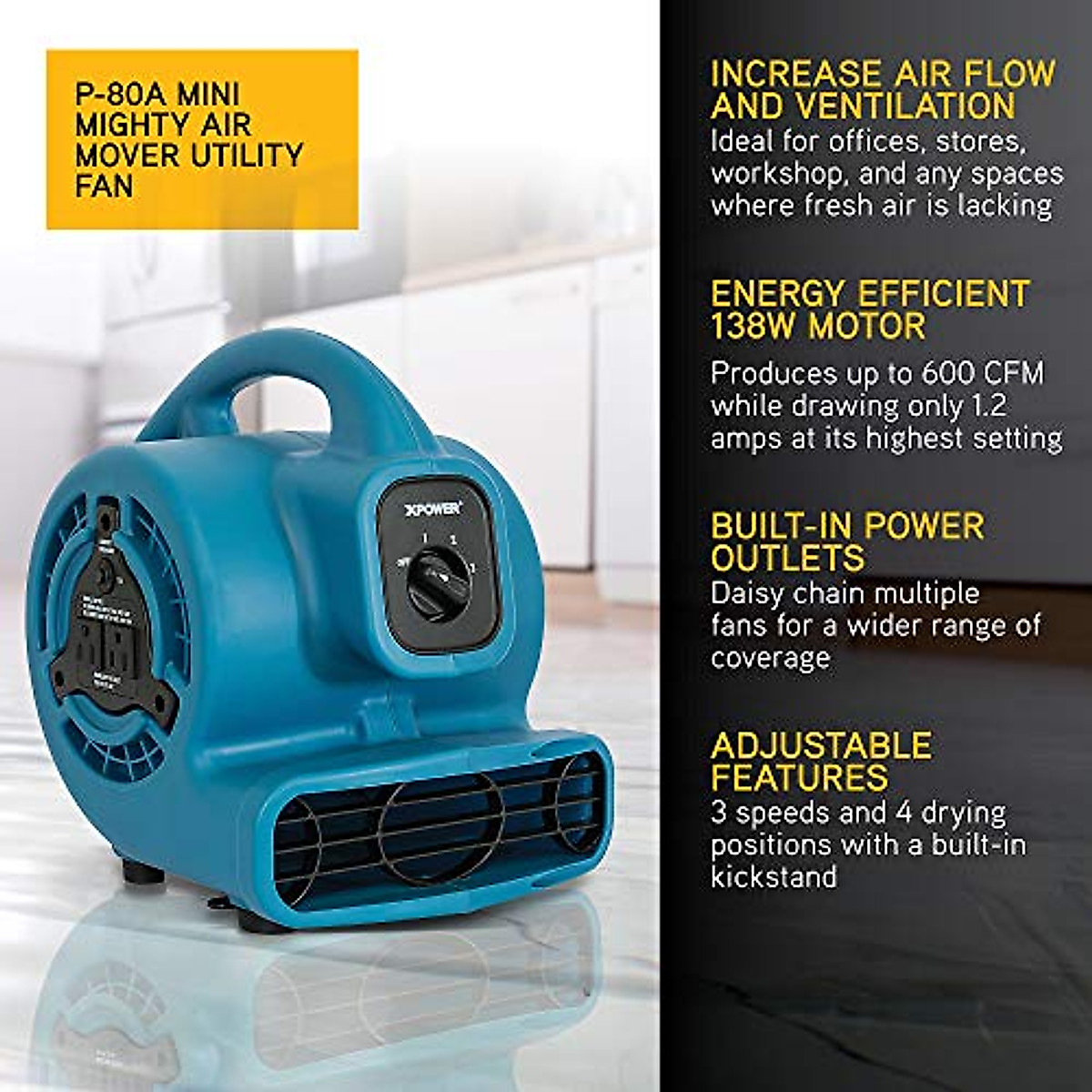 XPOWER P-80A Mini Mighty 138 W 600 CFM Centrifugal Air Mover, Carpet Dryer, Floor Fan, Blower, Stackable, Daisy Chain, for Water Damage Restoration, Janitorial, Plumbing, Home Use