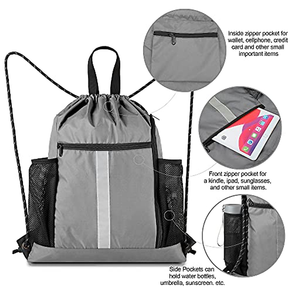 BeeGreen Grey Drawstring Bag Pack Gym Sackpack w Shoe Compartment Two Water Bottle Holder Portable String Sinch Sack for Gymnastic Athletic Beach Travel