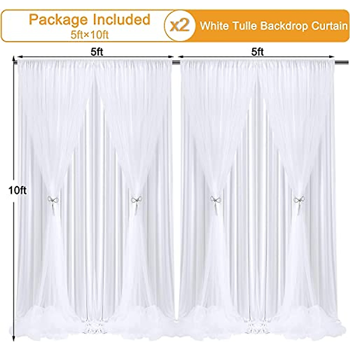10ft x 10ft White Tulle Backdrop Curtain Panels, Dual Layer Wrinkle Free White Curtain Backdrop Tulle Drapes for Wedding Parties Birthday Graduation Photography Home Decorations