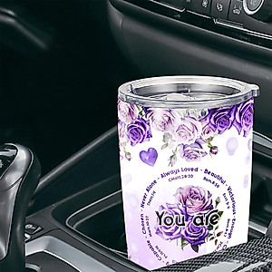 Dorric Personalized Christian Tumbler Purple Butterfly Travel Coffee Mug Insulated Cup with Lid Stainless Steel 20 30 oz Religious Gifts for Women Friend Sister Aunt Christmas Birthday