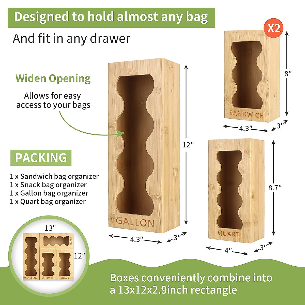 Ziplock Bag Storage Organizer and Dispenser, CAVENLLI 4 Pack Food Storage Bag Holders Compatible with Ziploc, Solimo, Glad, Hefty for Gallon, Quart, Snack, Sandwich, Candy, Variety Size Bags