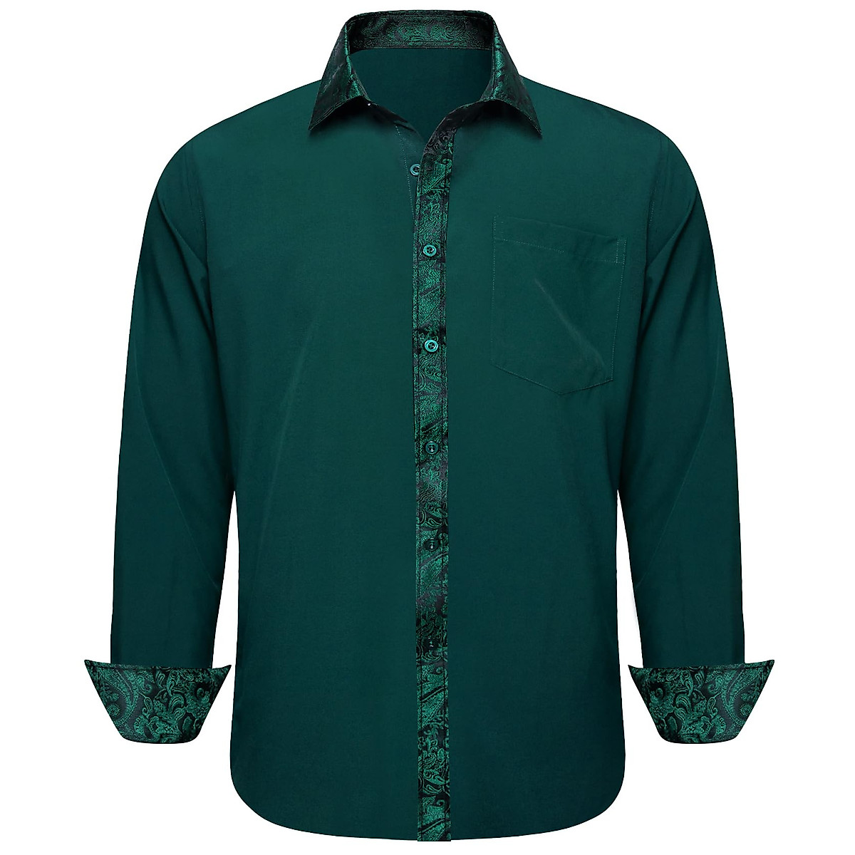 YOHOWA Men's Shirt Solid Color Cotton Silk Long Sleeve Button Down Dress Shirts Business Formal Dark Green