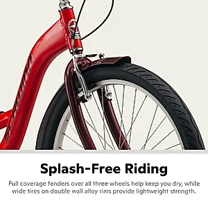 Schwinn Meridian Adult Tricycle Bike, Mens and Womens Three Wheel Beach Cruiser, 26-Inch Wheels, Low Step-Through Frame, Wide Seat, Rear Folding Basket, 1-Speed, Red