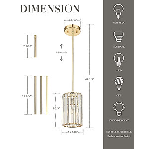 Cargifak Crystal Pendant Light, Mini Chandelier with Gold Finish, Modern Hanging Light Fixture for Kitchen Dinning Room Bedroom, CKPL5510-1P-CG-B