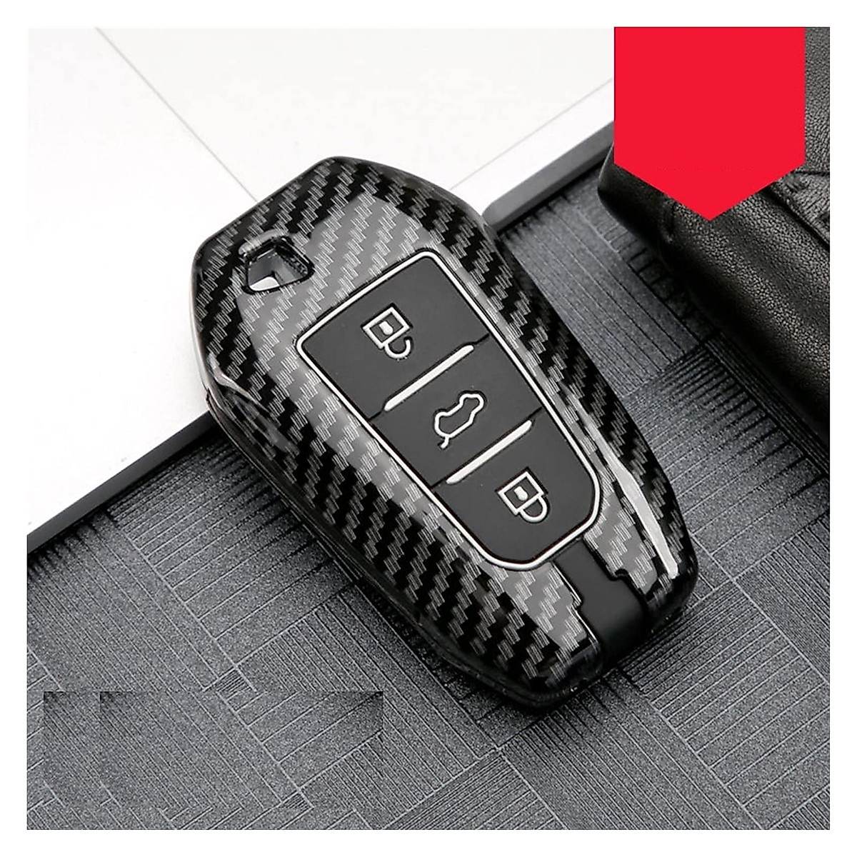 MOONIIGHT XDH Carbon Fiber Alloy+Silicone Car Remote Key Case Cover FIT for Peugeot 208 308 508 3008 5008 Fit for Citroen C4 Picasso DS3 DS4 DS5 DS6 (Color Name : A Black red)
