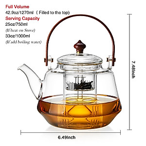 DOPUDO 1250ml/ 42oz Glass Teapot for Loose Tea Leaves, Glass Tea Kettle with Removable Infuser, Heat Resistant Wood Handle for Blooming Flower Tea Pot