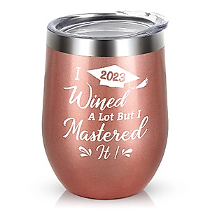 LiqCool Graduation Gifts for Her 2023, Masters Degree Graduation Gifts, I Win A Lot But I Mastered It Wine Tumbler with Lid, Insulated Wine Tumbler Graduation Gifts 2023 Christmas(12 Oz, Rose Gold)