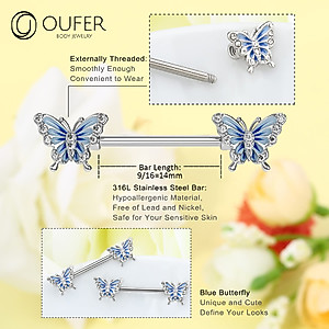 OUFER Butterfly Nipple Rings, 316L Surgical Steel Paved Shiny Clear CZ Nipple Barbells,14G Nipple Piercing jewelry For Women