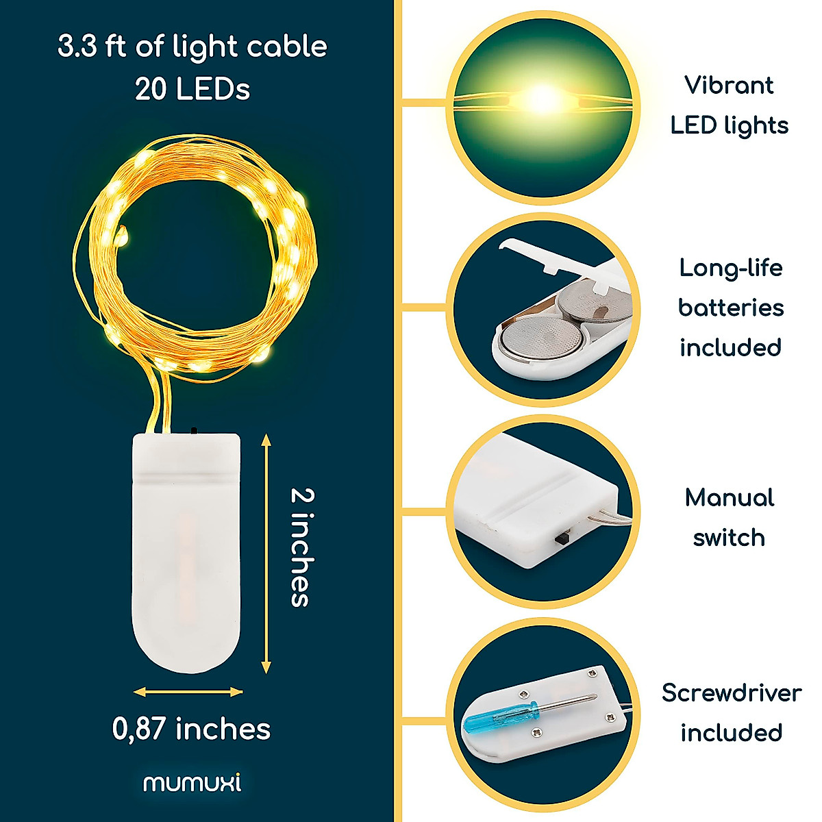 MUMUXI LED Fairy String Lights Battery Operated [20 Pack], 3.3ft 20 Mini Fairy Lights Powered Party Wedding Centerpiece Decorations Crafts Mason Jar Firefly Lights, Warm White